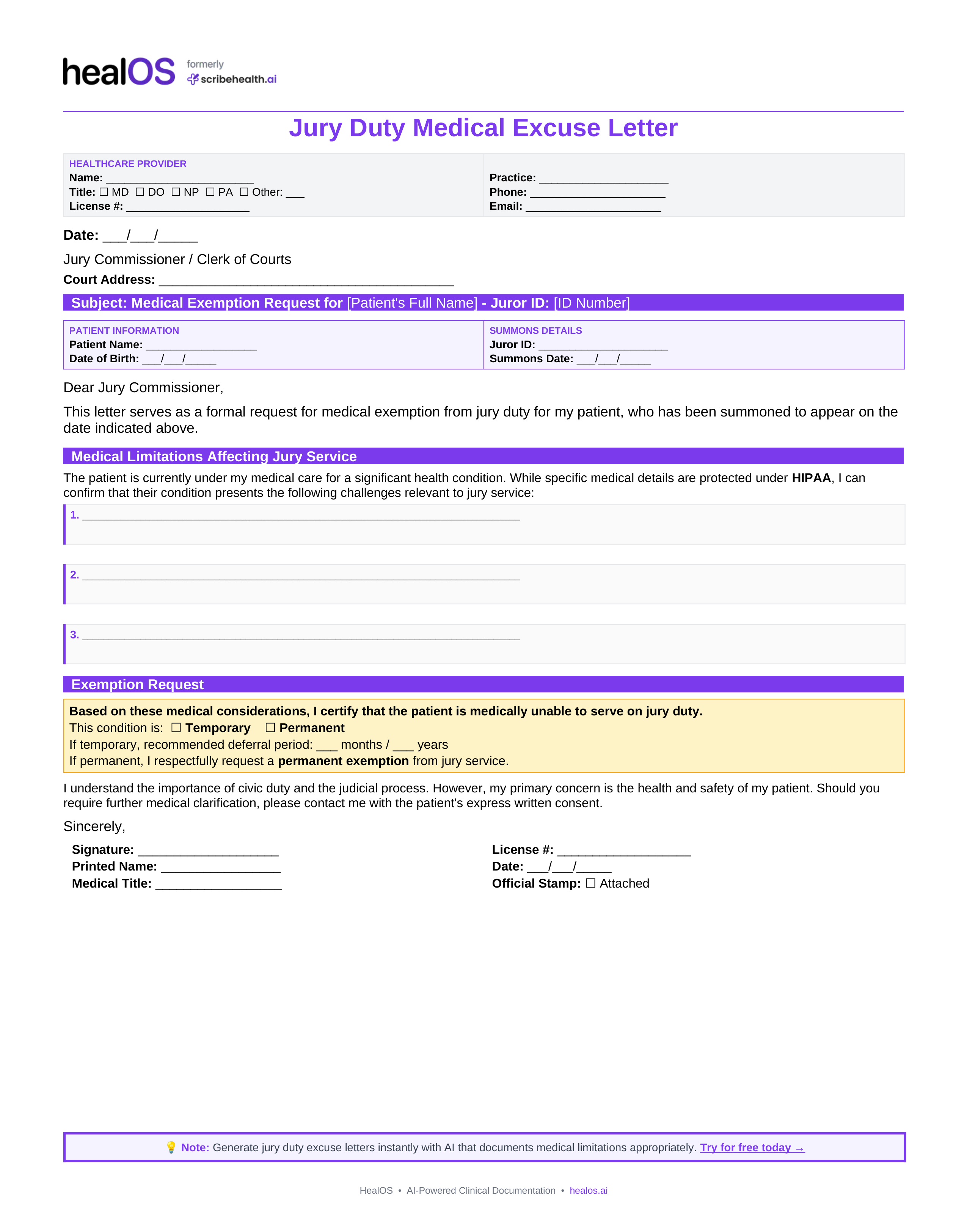 Jury Duty Doctors Note Template